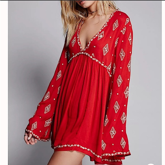 Free People | Tops | Free People Diamond Shape Embroidered Tunic Red ...